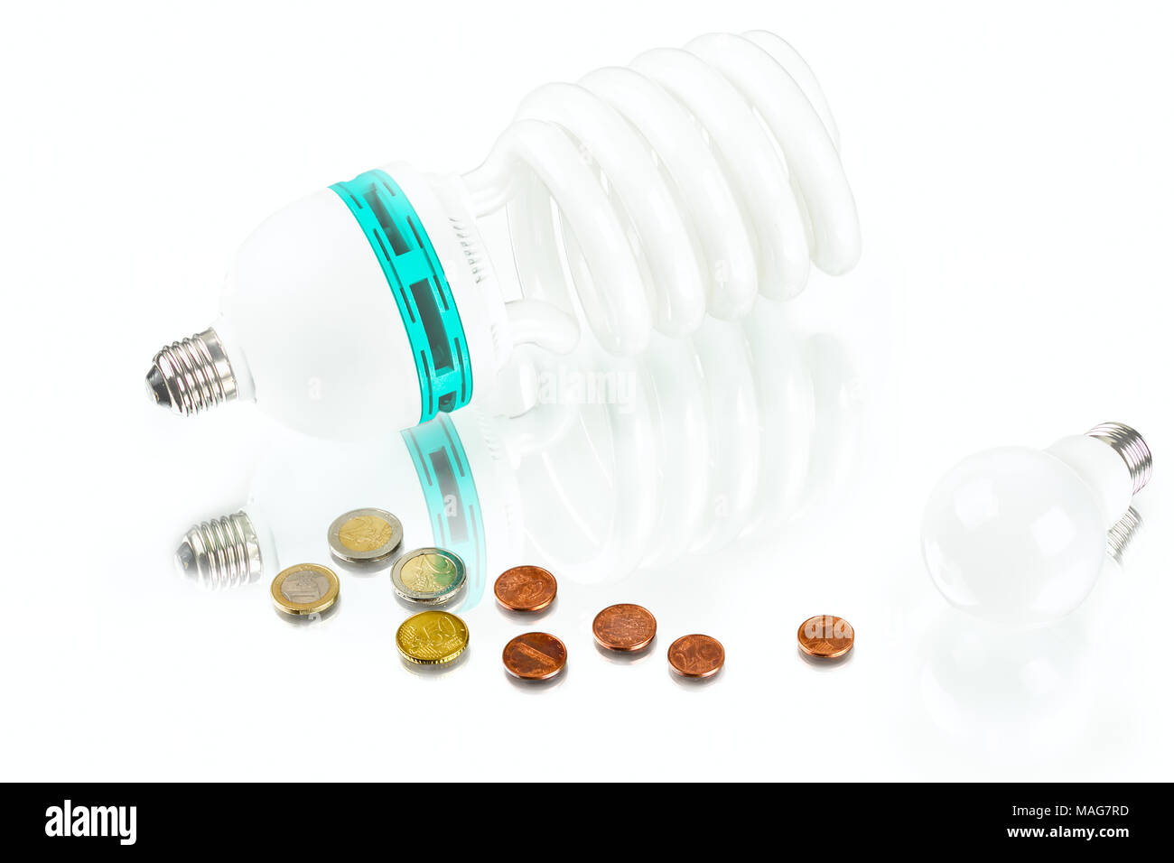 innovation energy-saving LED bulb, spiral lamp and coins on white ...