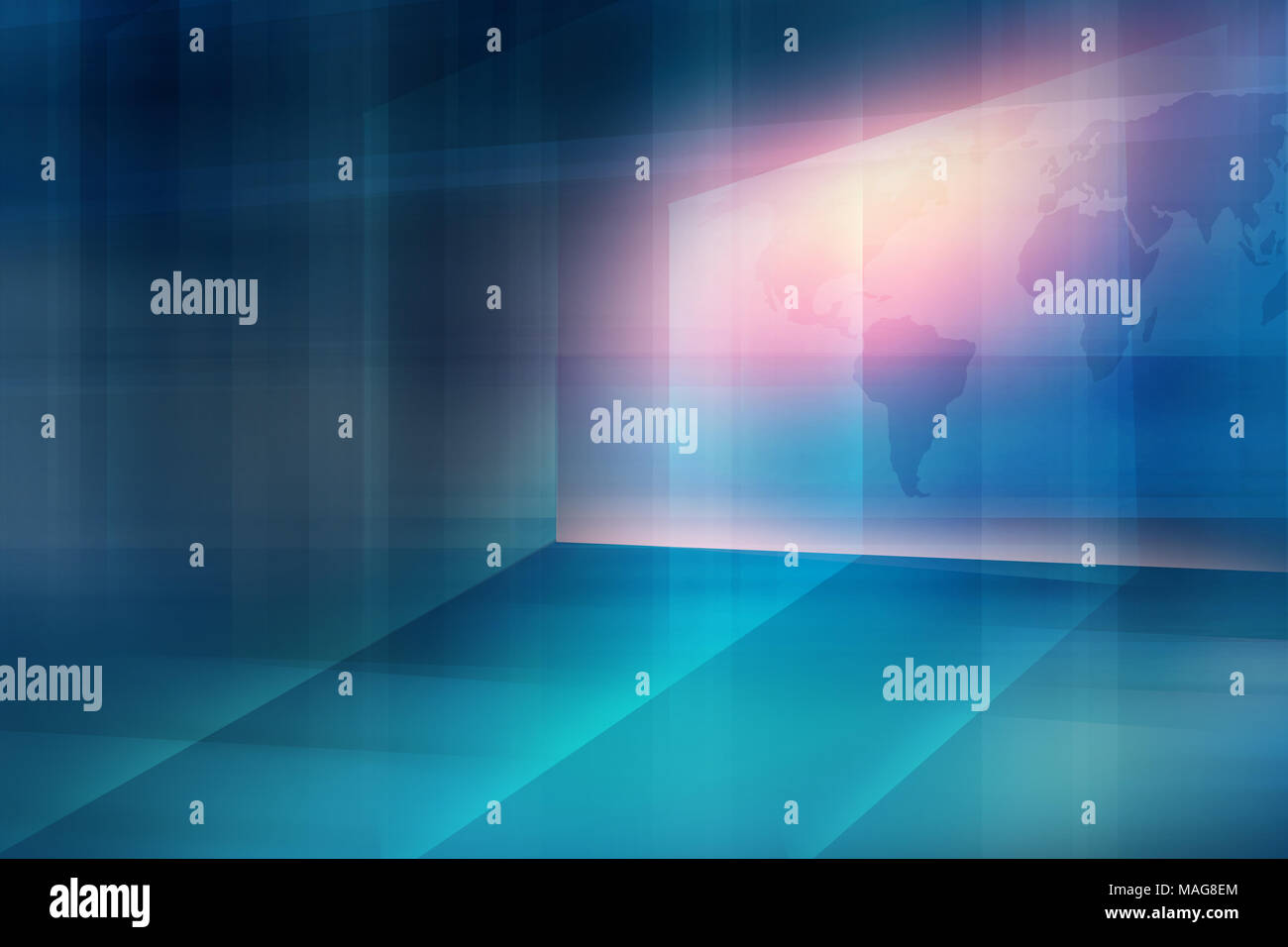 Virtual screen on transparent 3d floor with light rays and world map ...