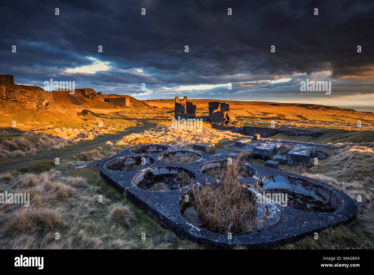 Ruins of abandoned quarry at the top of Titterston Clee Hill in ...