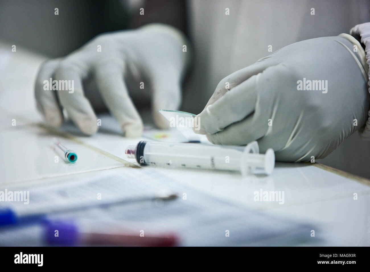 Hands of doctor holding blood test plates Stock Photo - Alamy