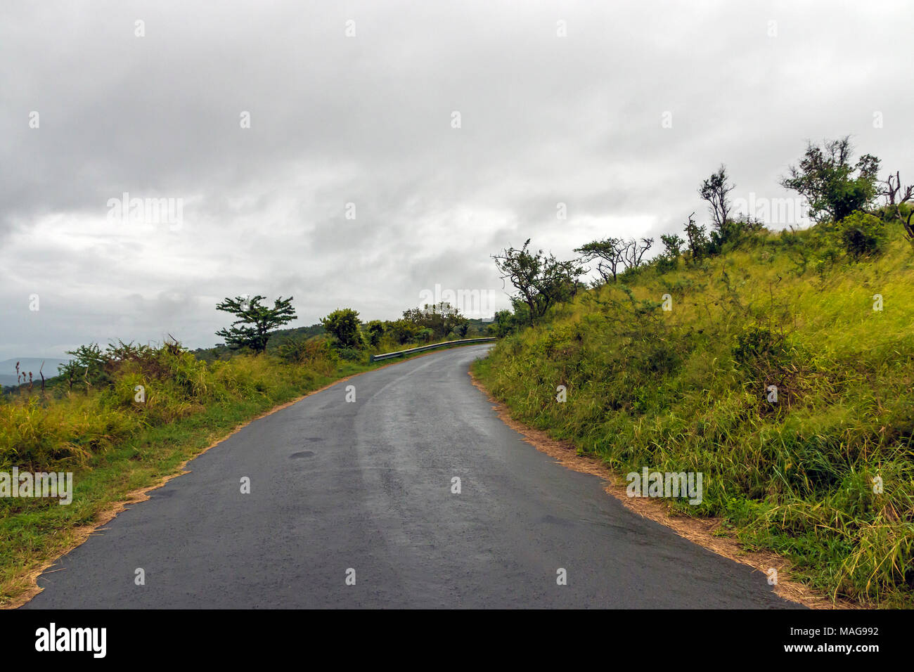 Curved asphalt road leading through wet rainy rural landscape with ...