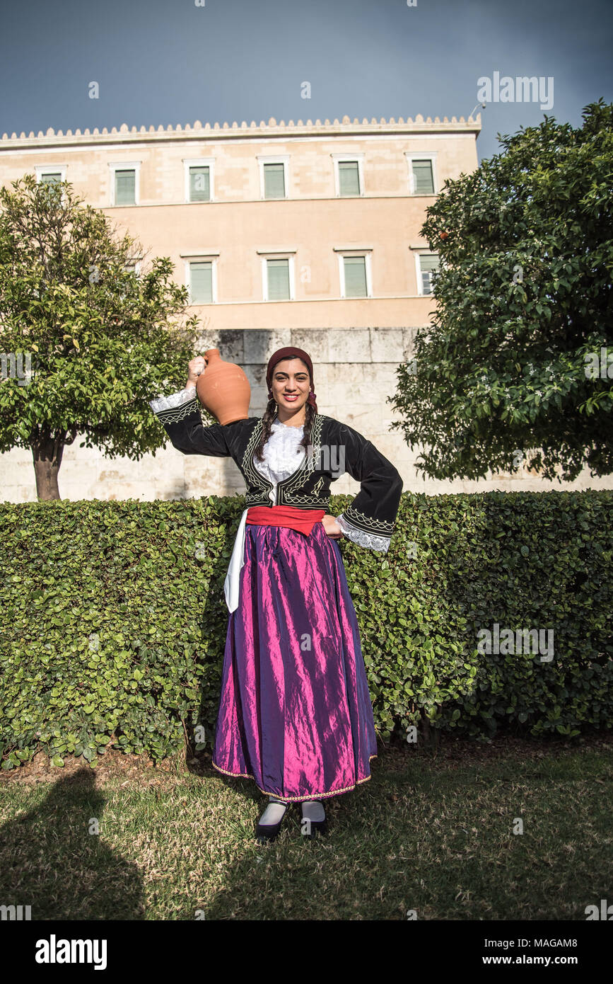 Athens, Greece. 31st Mar, 2018. A Participant seen in Greek traditional ...
