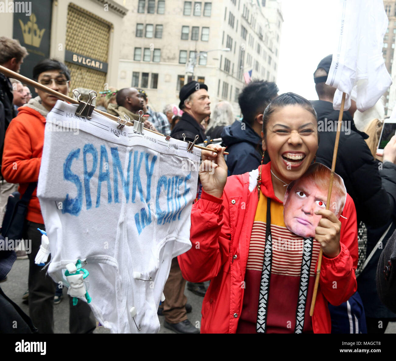 New York City, New York, USA. 1st Apr, 2018. A parade goer attends the ...