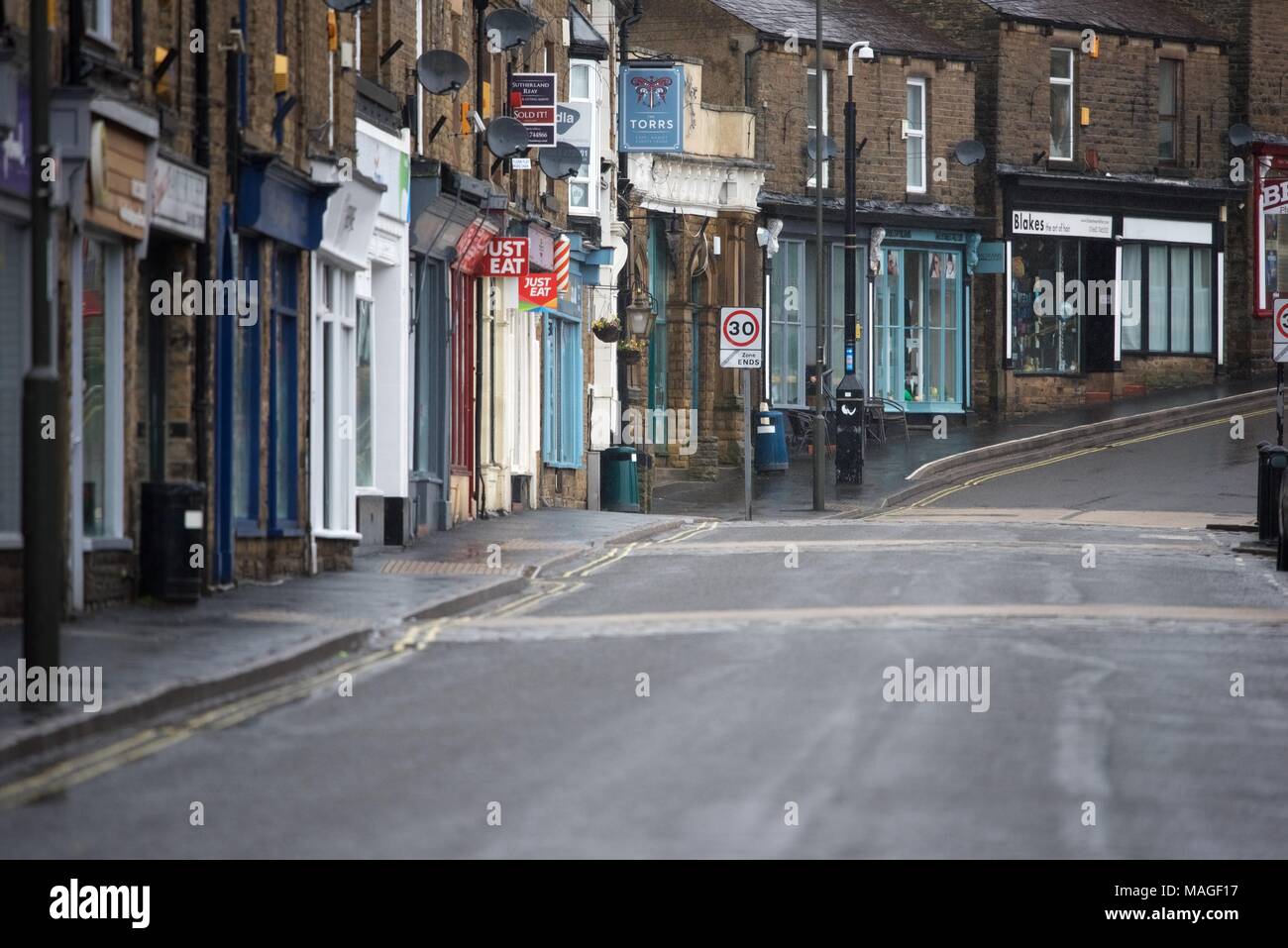 New Mills. High Peak. Derbyshire. 2nd April 2018. UK Weather: A wet and ...