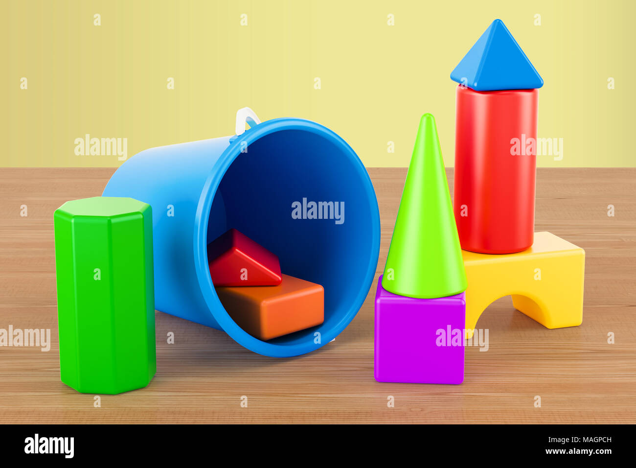 Blocks building and plastic bucket on the wooden table. 3D rendering ...