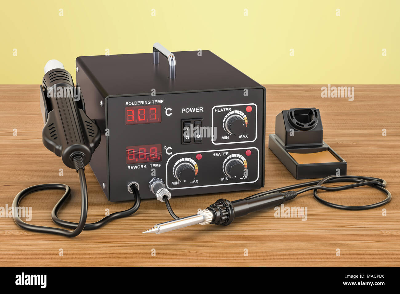 Digital Soldering Station on the wooden table. 3D rendering Stock Photo ...