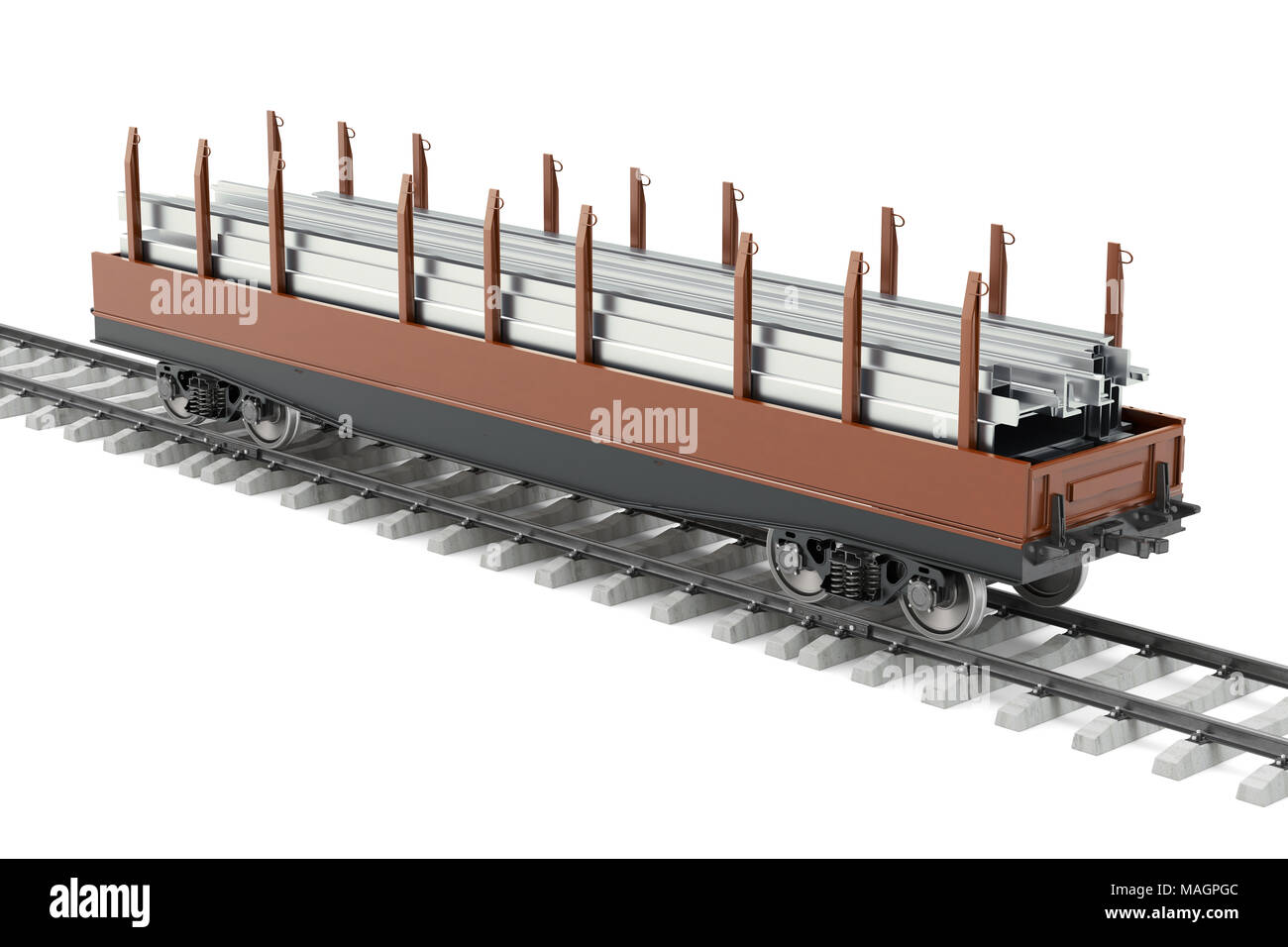 Railroad car with stack of rolled metal products, 3D rendering isolated ...
