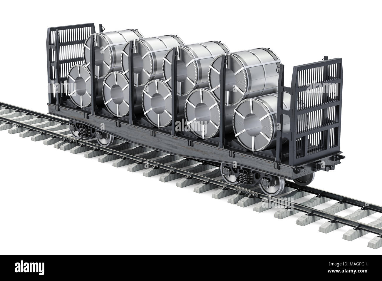 Railroad car with stainless steel coils, 3D rendering isolated on white ...