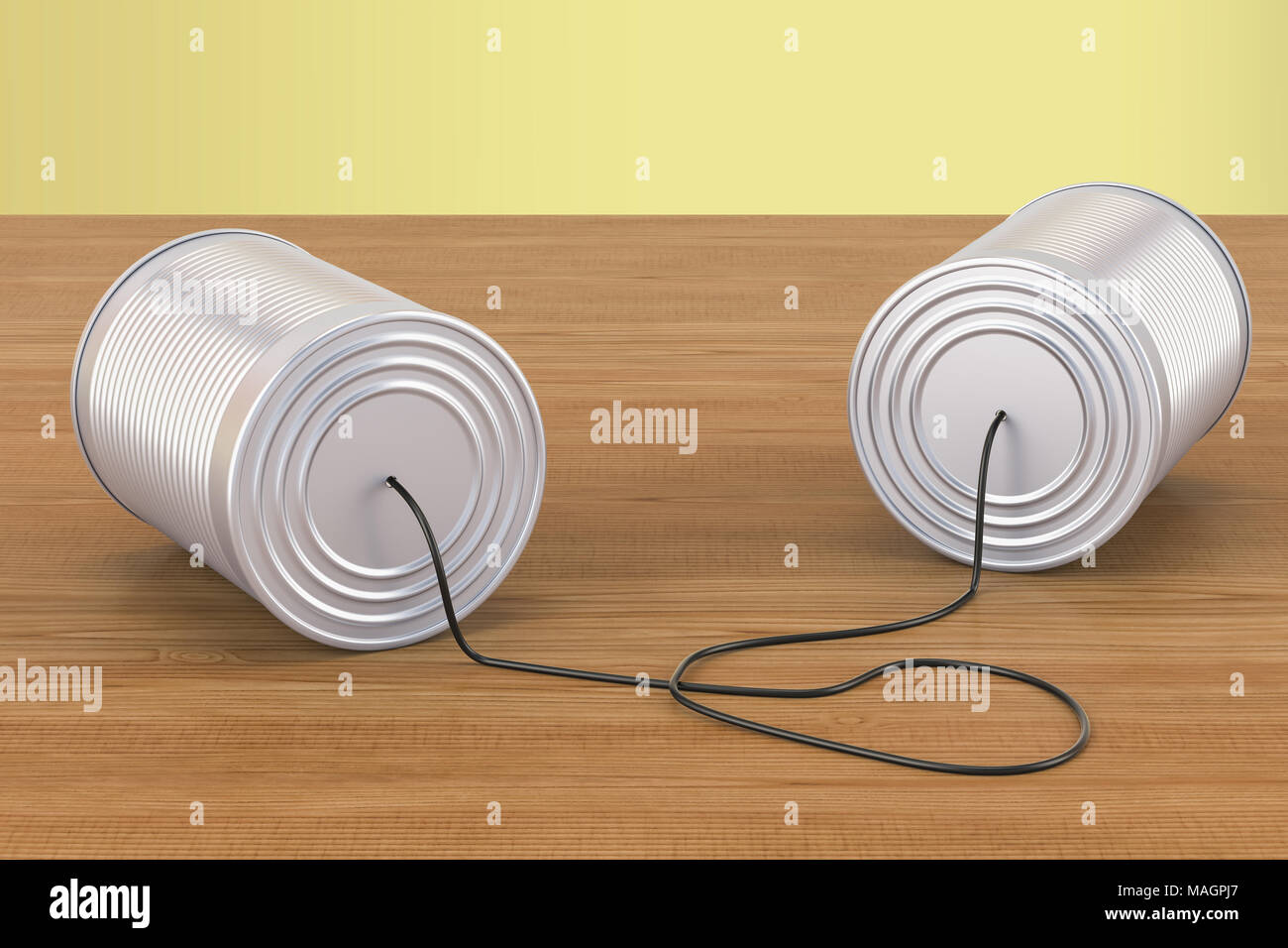 Tin cans telephone on the wooden table. 3D rendering Stock Photo - Alamy