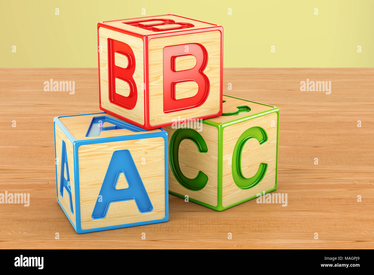 Toy blocks, abc cubes on the wooden table. 3D rendering Stock Photo - Alamy