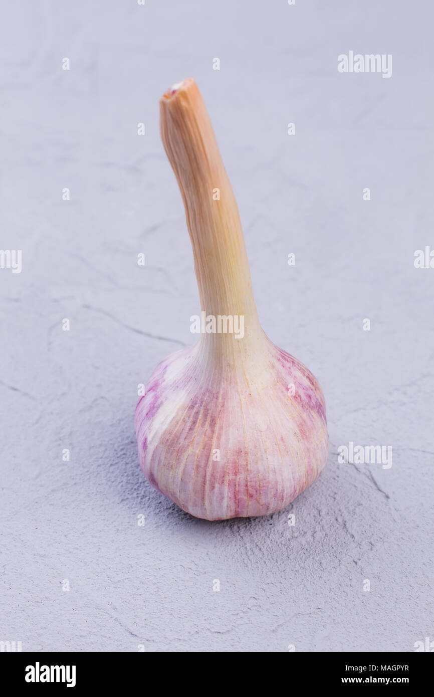 Garlic with stem, vertical image. Young spring garlic on grey textured ...
