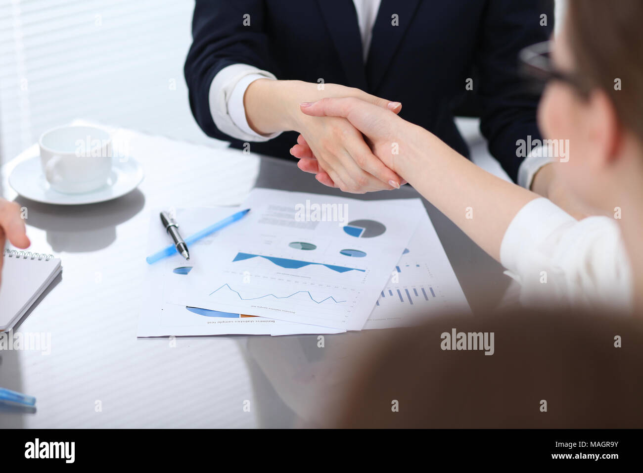 Close Up of unknown business people shaking hands while finishing up a ...