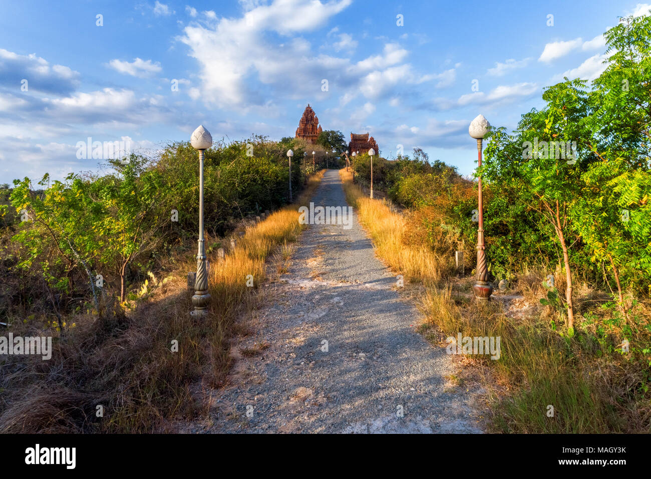 Aerial view of the Poklongarai champa tower. The road leading to the ...