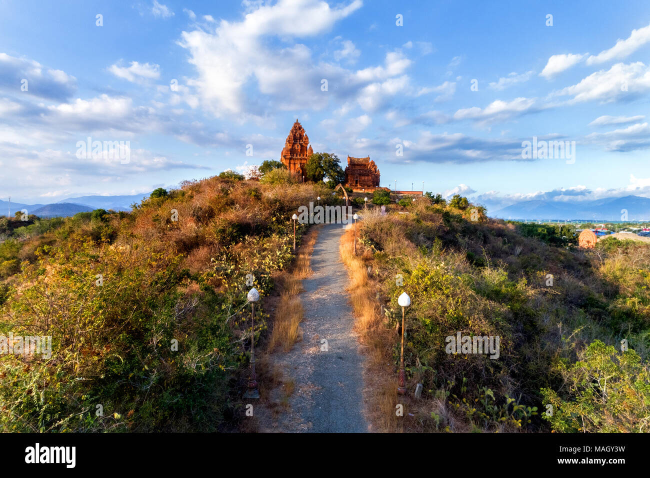 Aerial view of the Poklongarai champa tower. The road leading to the ...