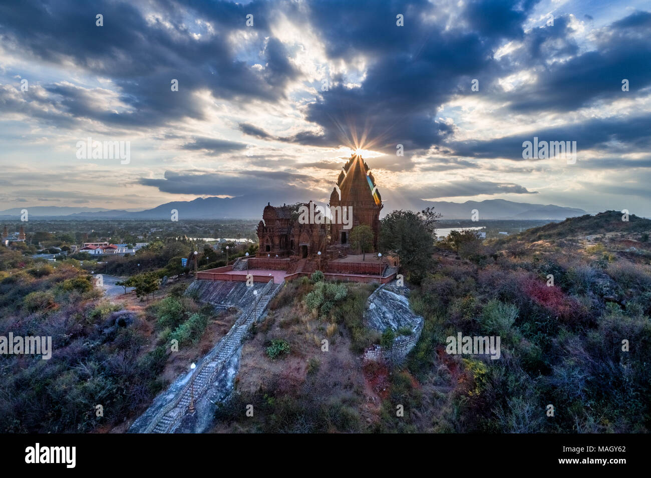 Aerial view of Poklongarai champa tower. Old Brick cham towers in Phan ...