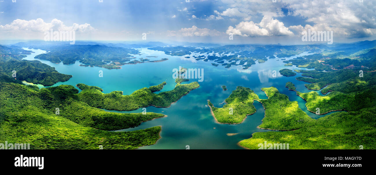 Aeral view of Ta Dung lake in the morning with the trees on the small ...