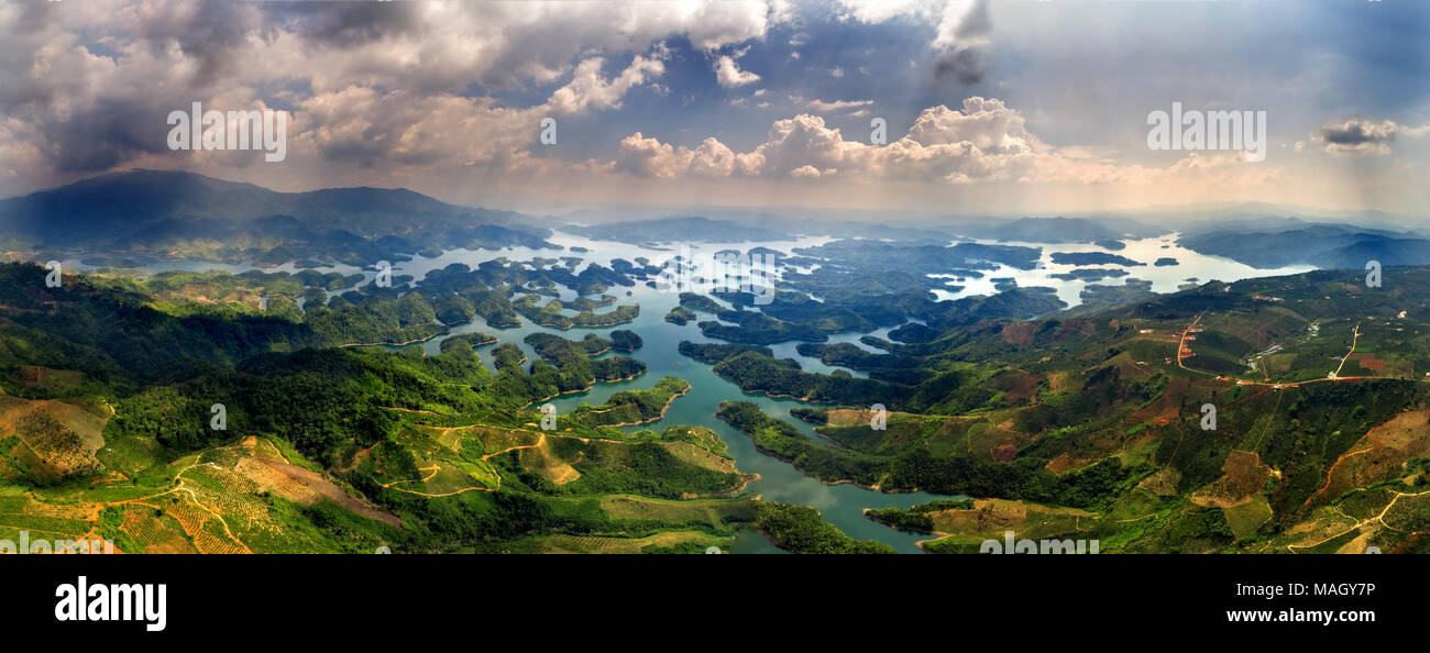 Aeral view of Ta Dung lake in the morning with the trees on the small ...