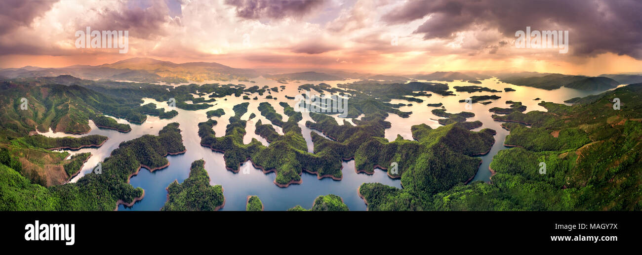Aeral view of Ta Dung lake in the morning with the trees on the small ...