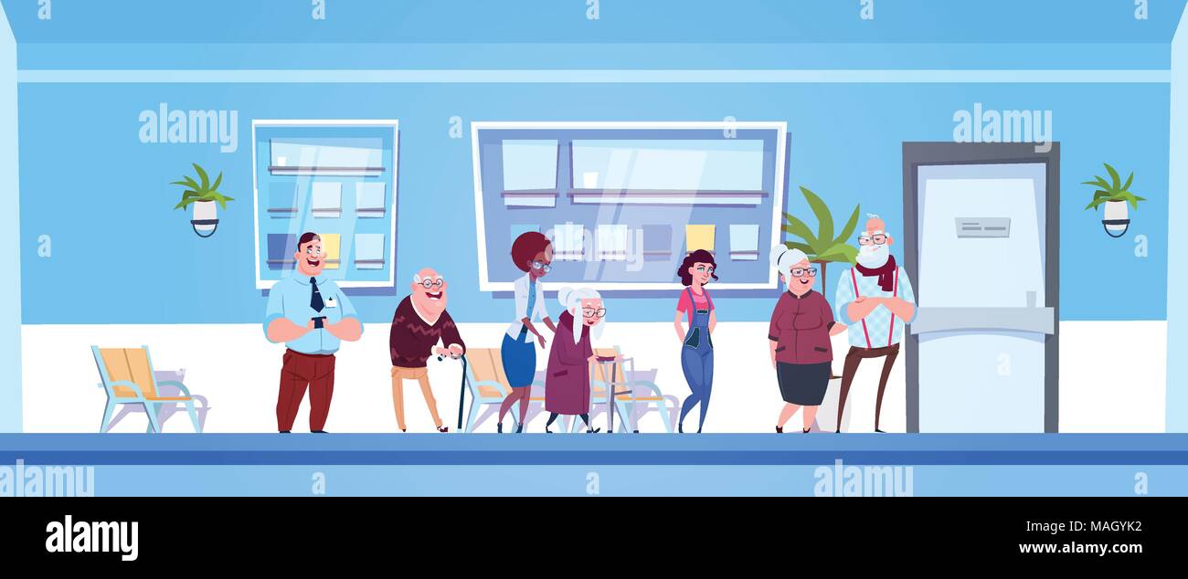 Group Of Patients Standing In Line To Doctors Office In Modern Hospital ...