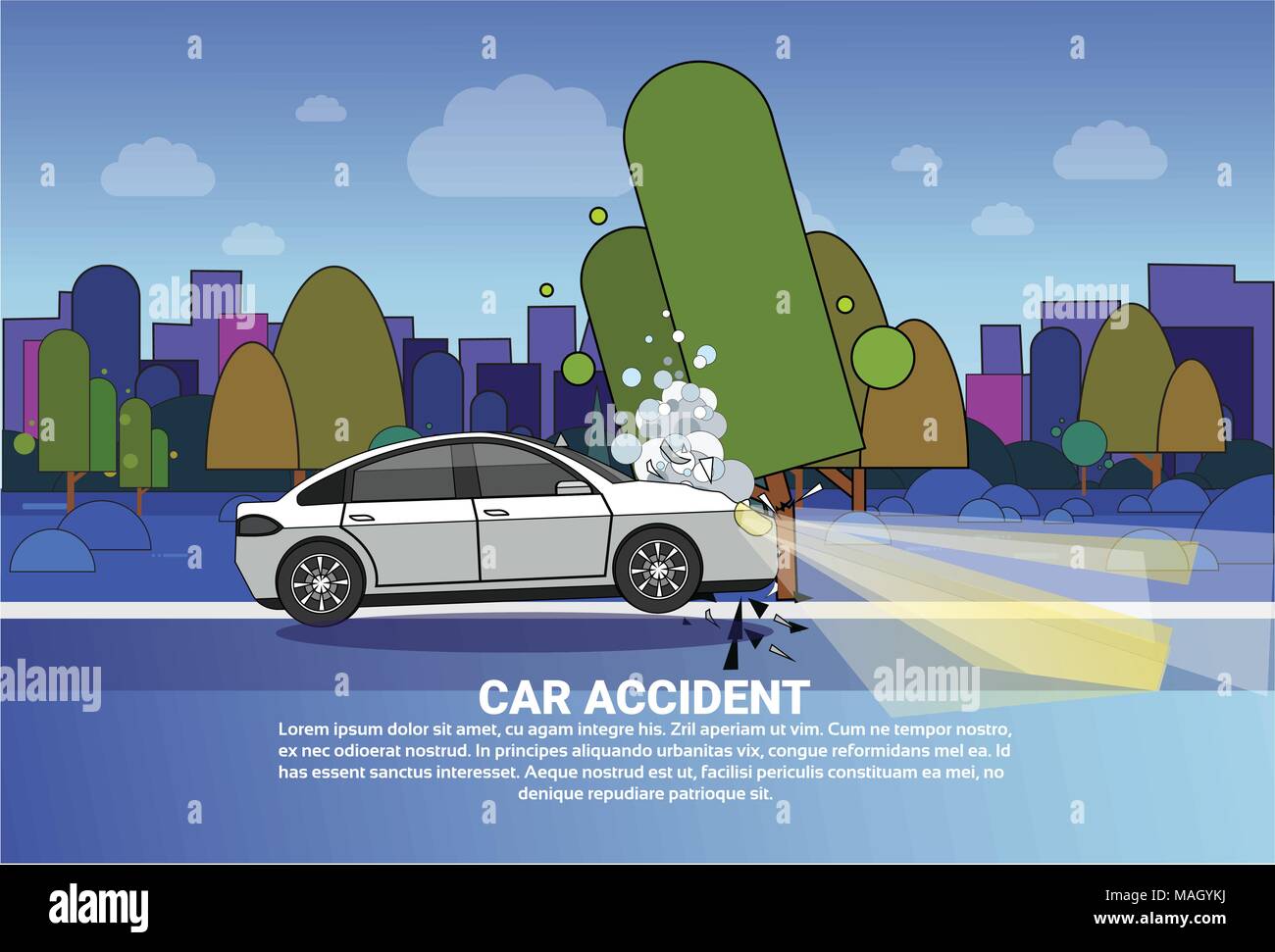 Vehicle Accident Concept Broken Car On Road At Night Over City ...