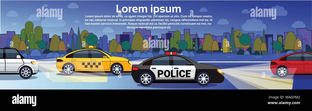 Night Traffic On Road With Taxi And Police Cars Template Horizontal ...