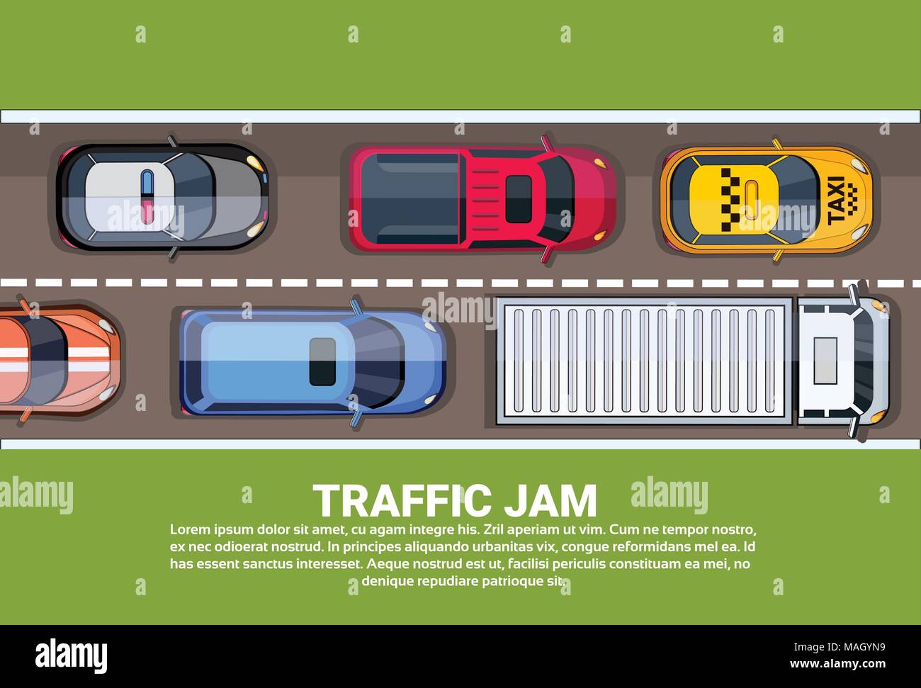 Traffic Jam On Highway Top View With Road Full Of Different Cars Stock ...