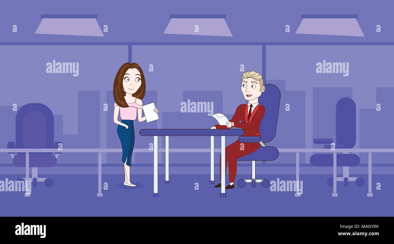 Woman Secretary Giving Boss Sitting At Desk Contracts or Documents Over ...