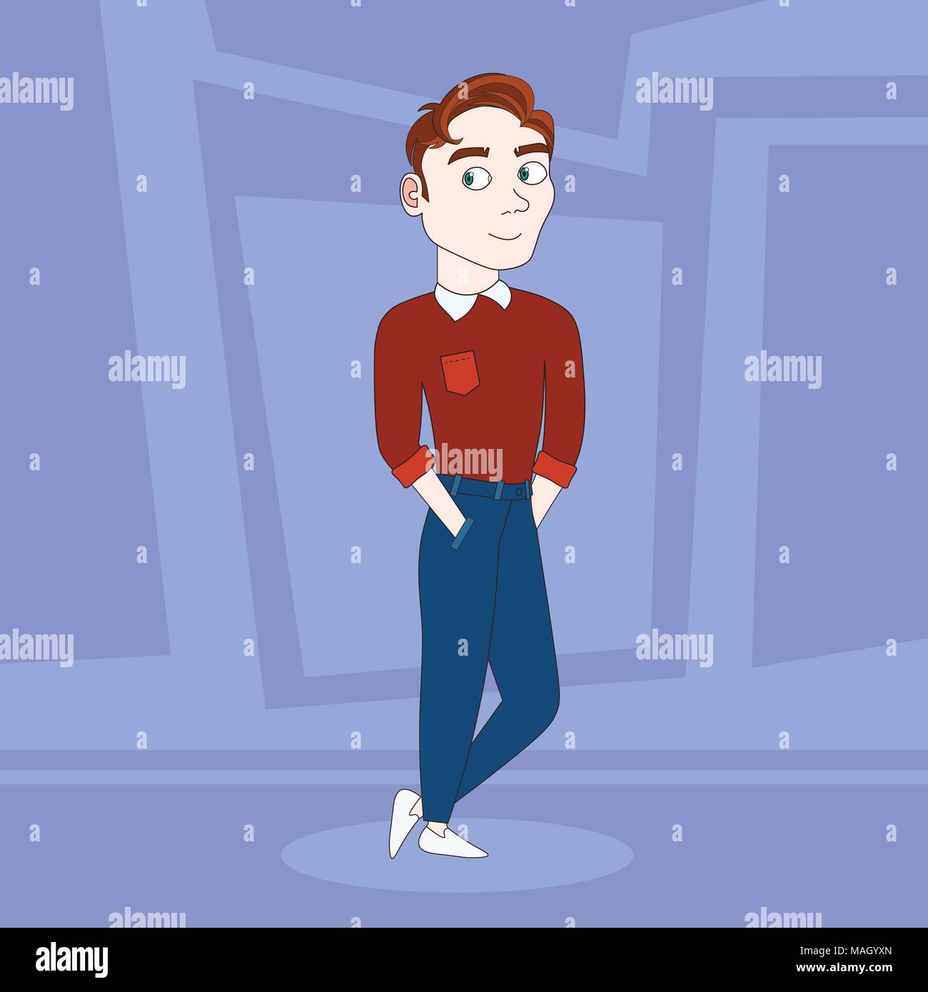Cartoon Man In Casual Clothes Standing Hands In Pocket Over Abstract ...