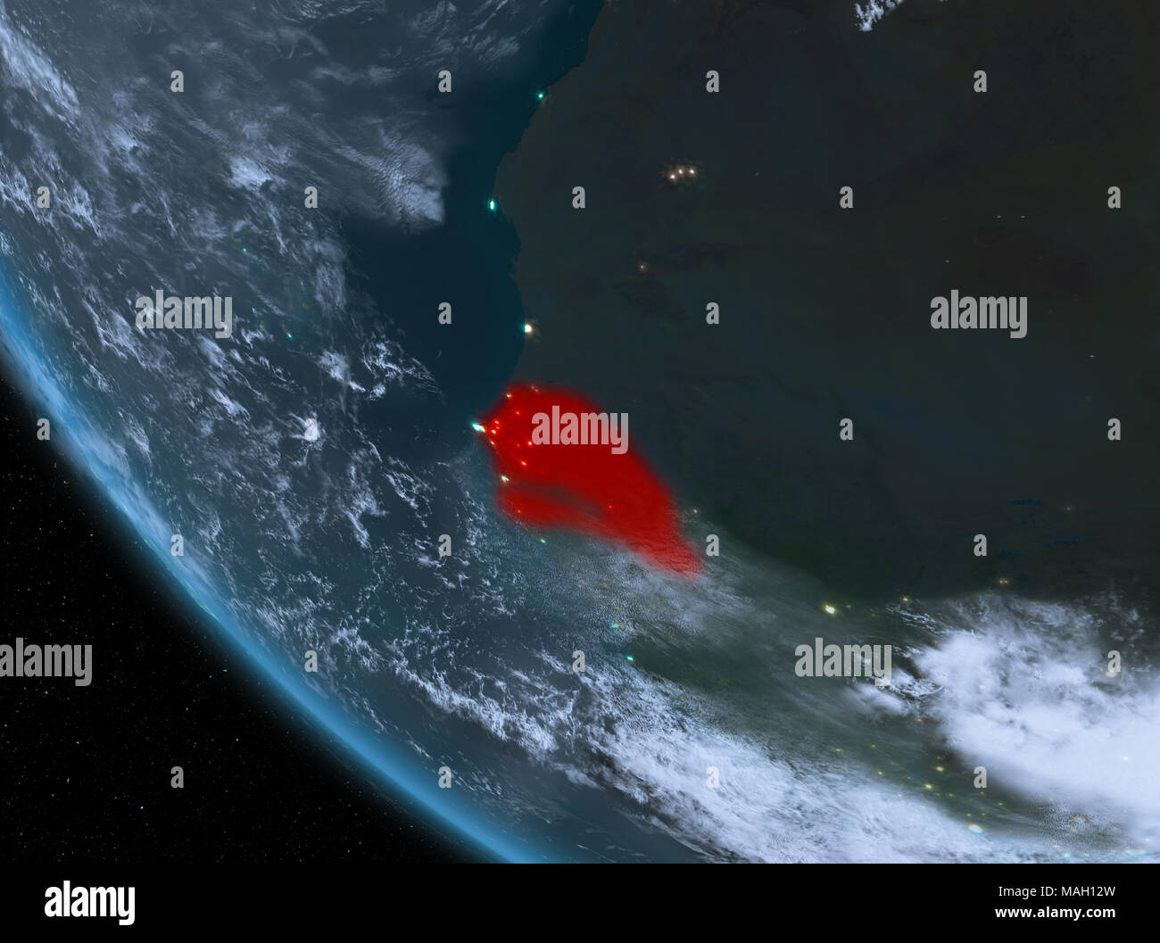 Senegal at night highlighted in red on planet Earth with clouds. 3D ...