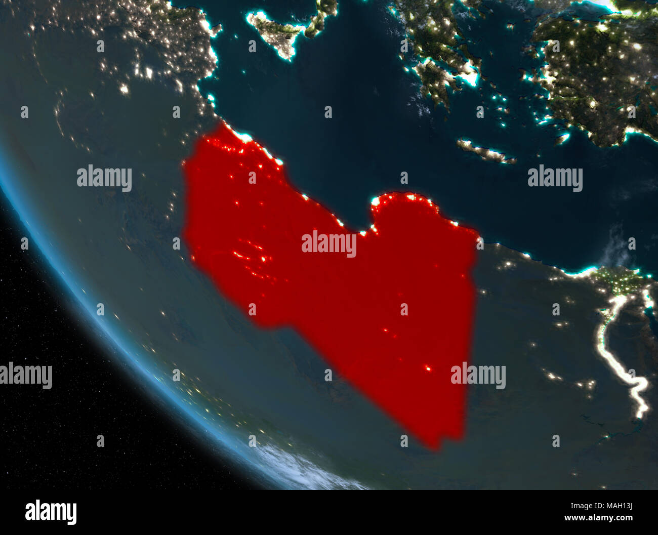 Libya at night highlighted in red on planet Earth with clouds. 3D illustration. Elements of this ...