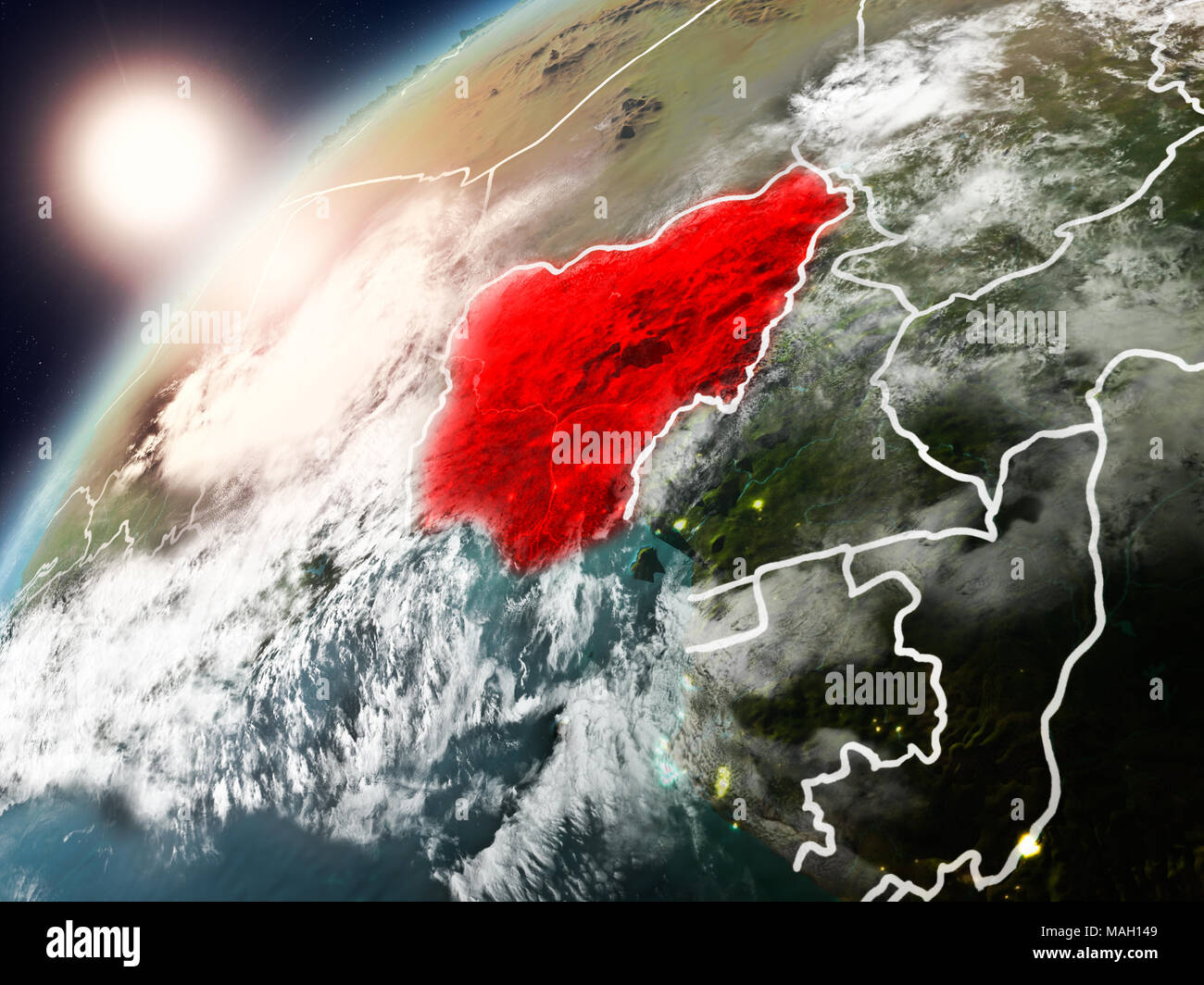 Nigeria during sunset highlighted in red on planet Earth with clouds and visible country borders ...