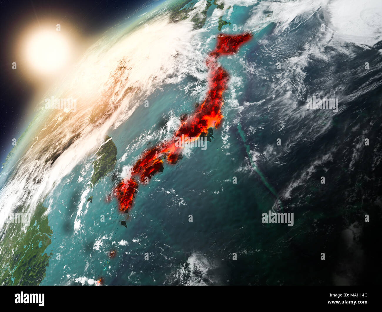 Japan during sunset highlighted in red on planet Earth with clouds and ...