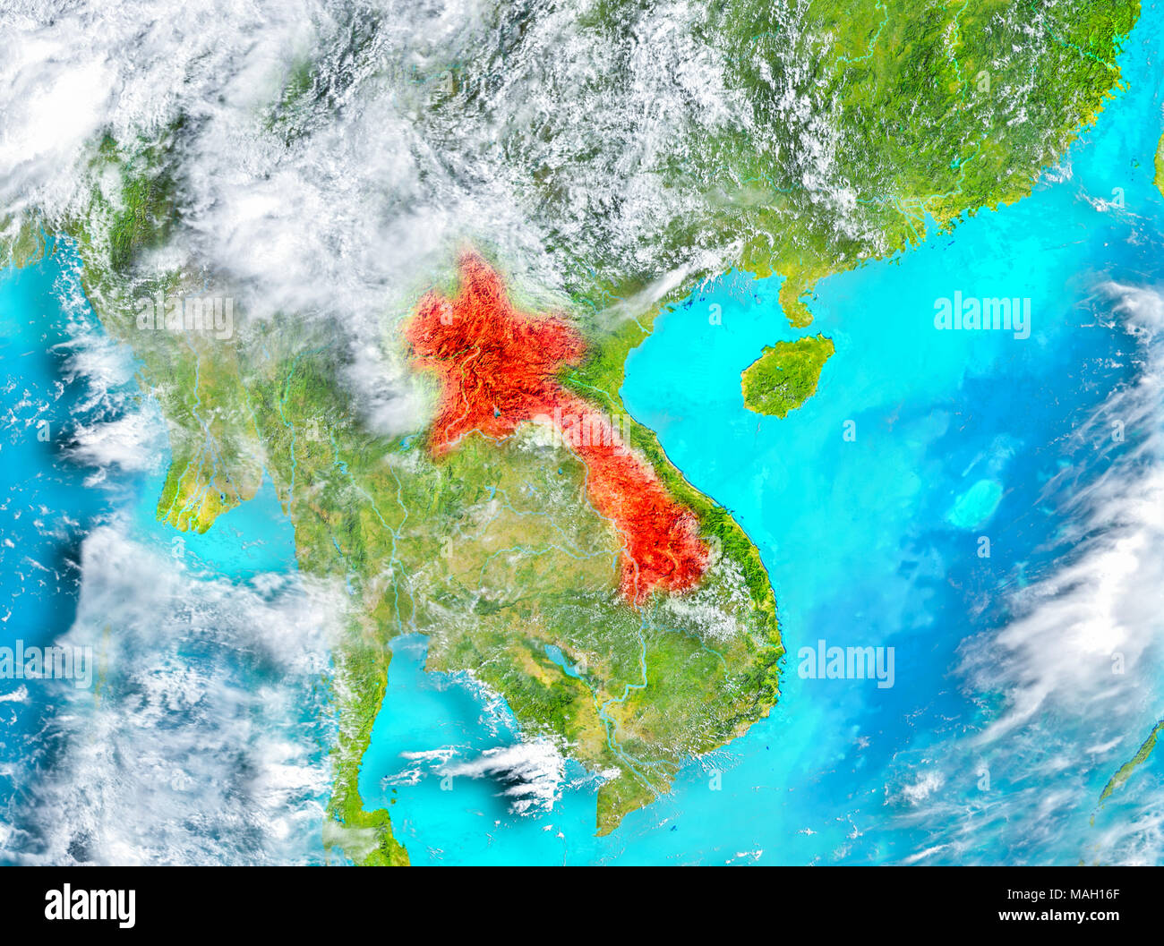 Laos highlighted in red on planet Earth. 3D illustration. Elements of ...