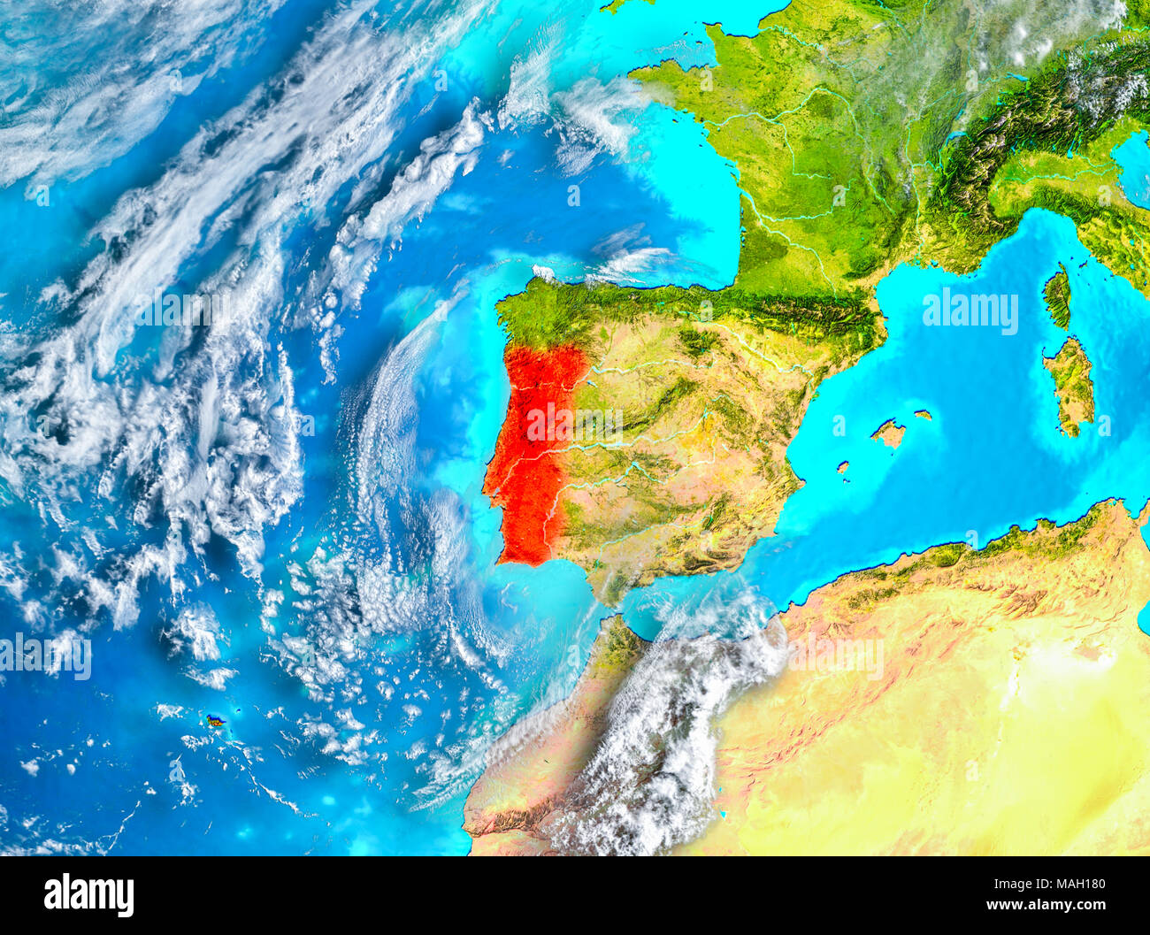 Portugal highlighted in red on planet Earth. 3D illustration. Elements ...