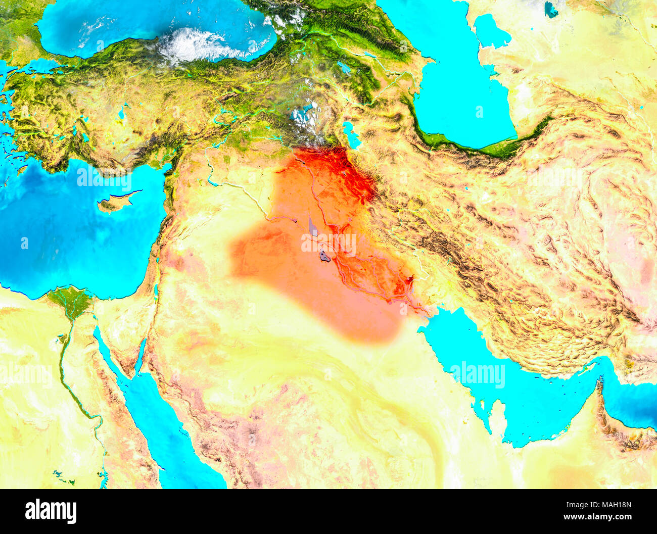 Iraq highlighted in red on planet Earth. 3D illustration. Elements of ...