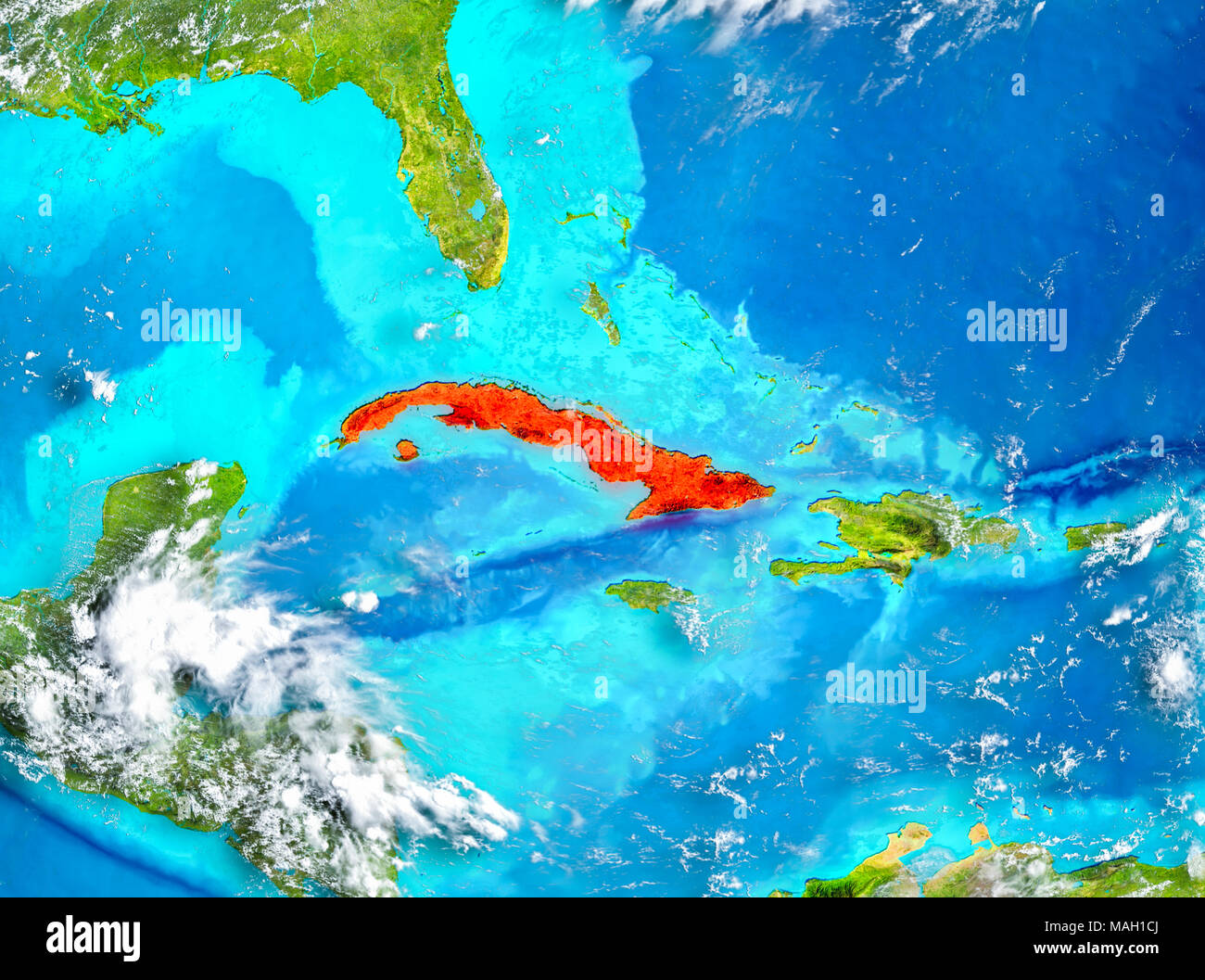 Cuba highlighted in red on planet Earth. 3D illustration. Elements of ...