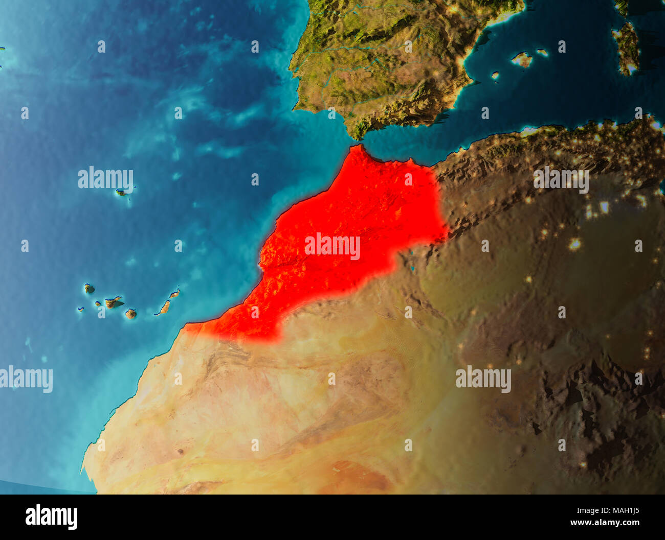 Morocco in early morning light highlighted in red on planet Earth. 3D ...