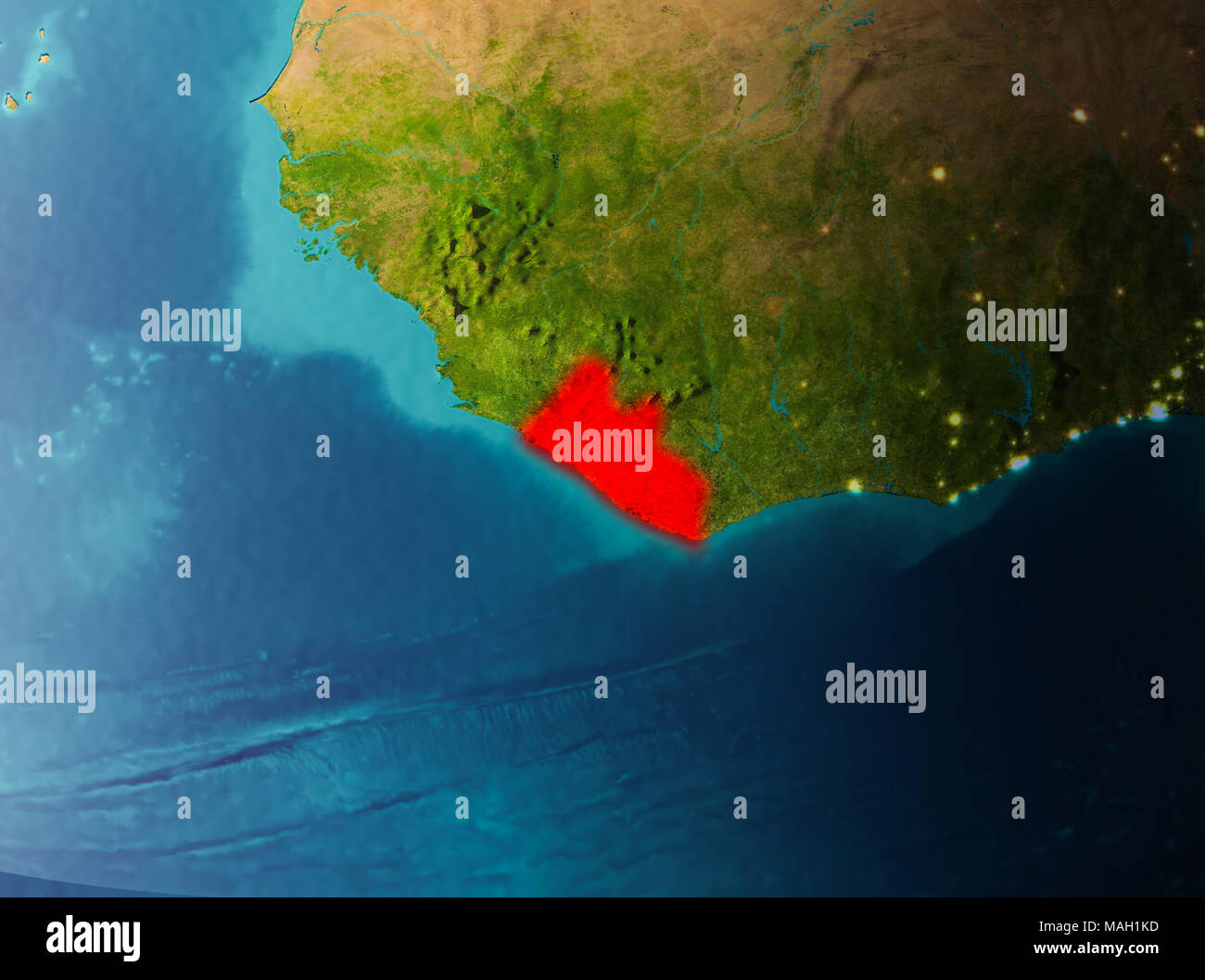 Liberia in early morning light highlighted in red on planet Earth. 3D ...