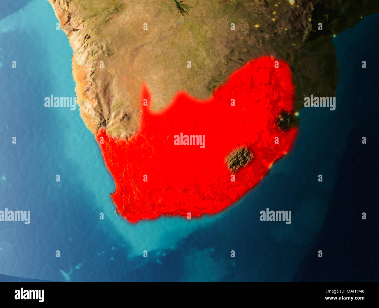 South Africa in early morning light highlighted in red on planet Earth ...