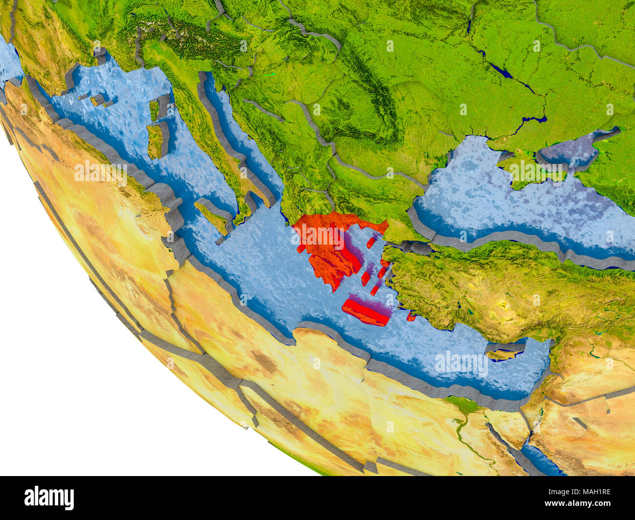 Map of Greece in red on globe with real planet surface, embossed ...