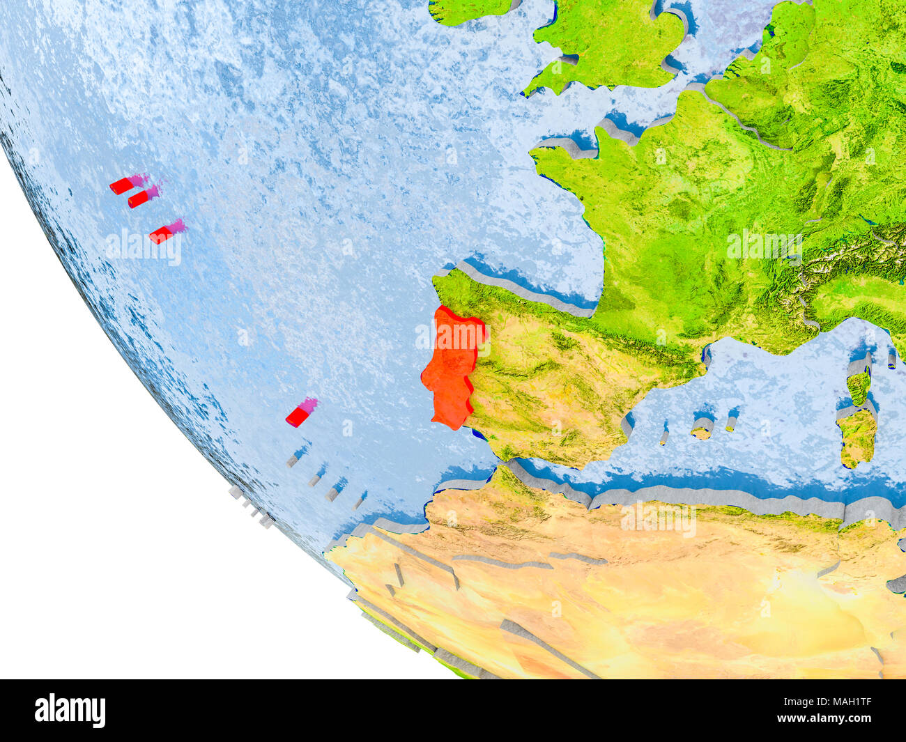 Map of Portugal in red on globe with real planet surface, embossed ...