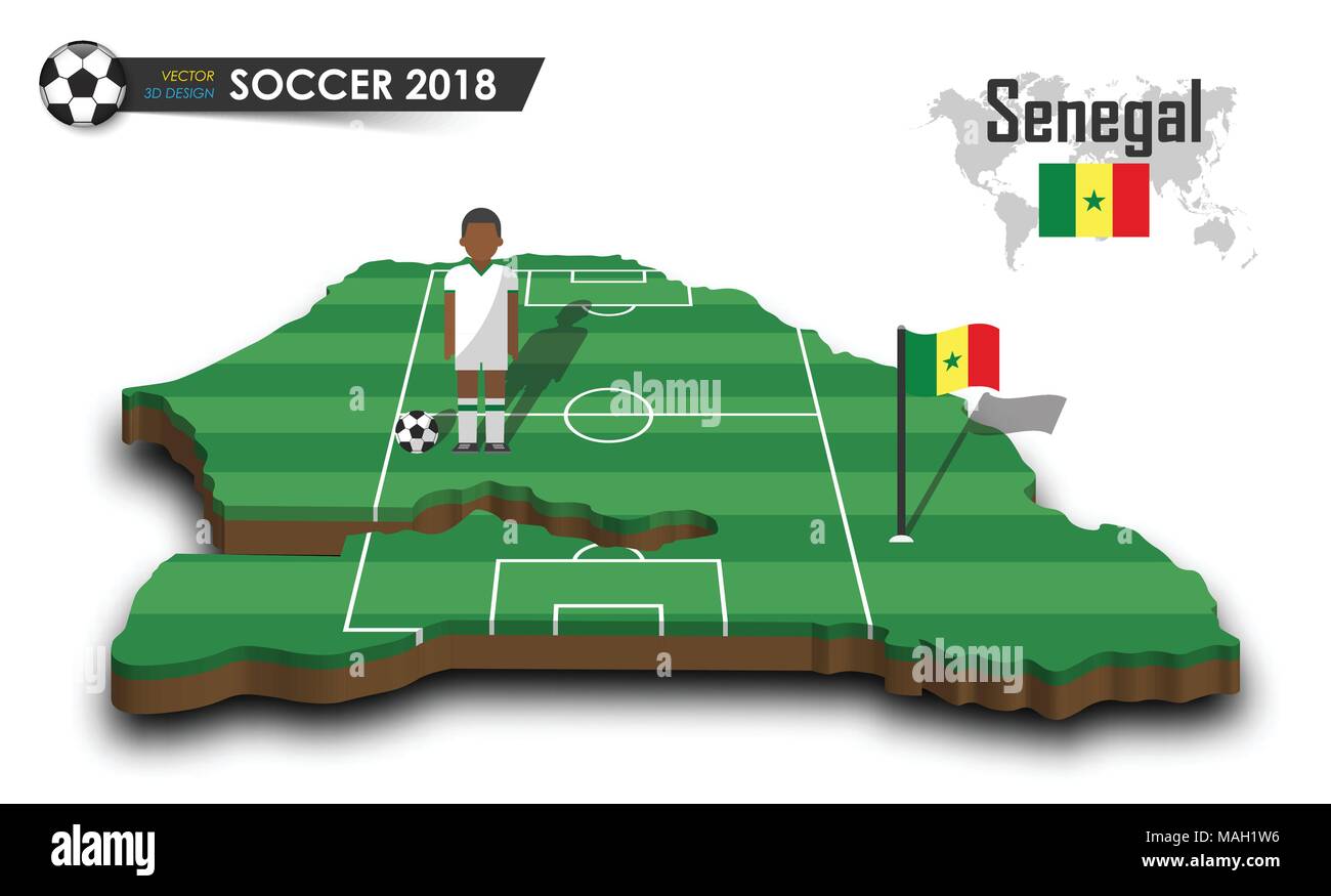 Senegal national soccer team . Football player and flag on 3d design country map . isolated ...