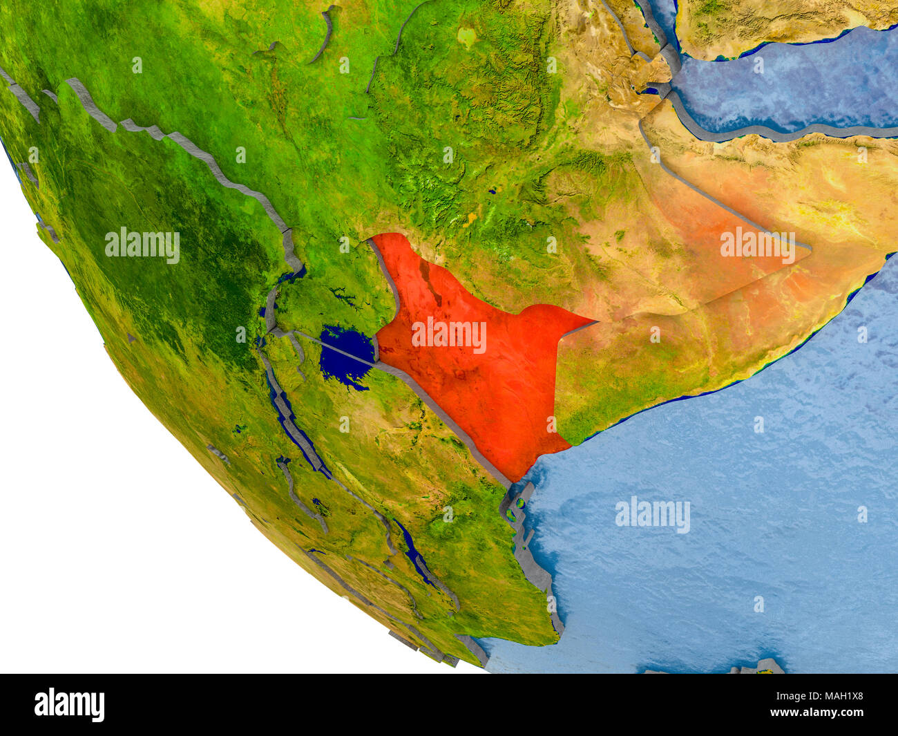 Map of Kenya in red on globe with real planet surface, embossed ...