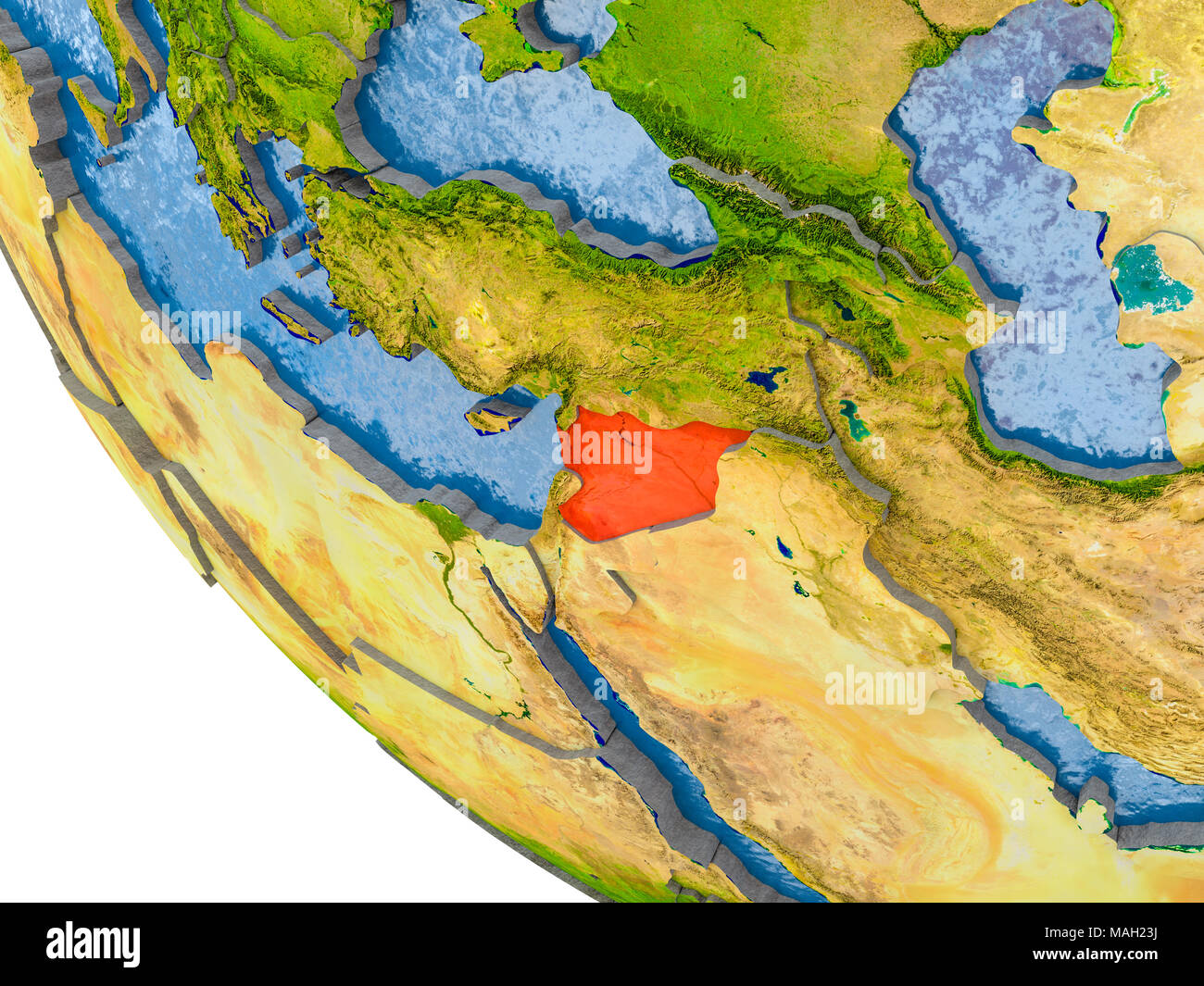 Map of Syria in red on globe with real planet surface, embossed ...