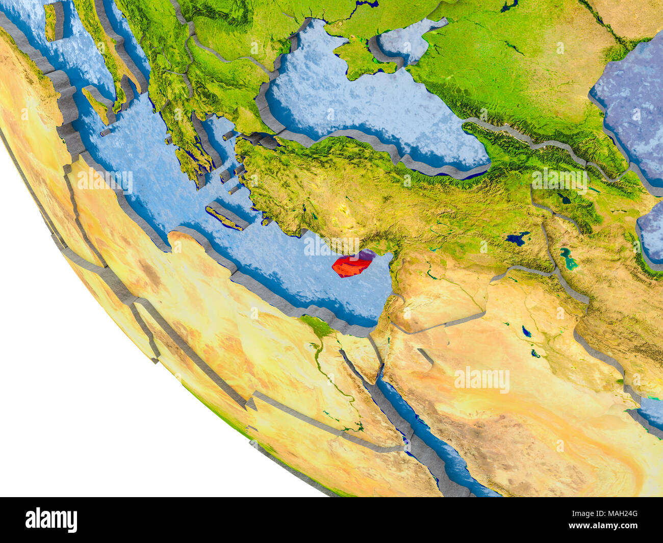 Map of Cyprus in red on globe with real planet surface, embossed ...