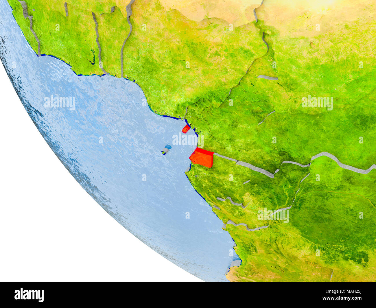 Map of Equatorial Guinea in red on globe with real planet surface ...