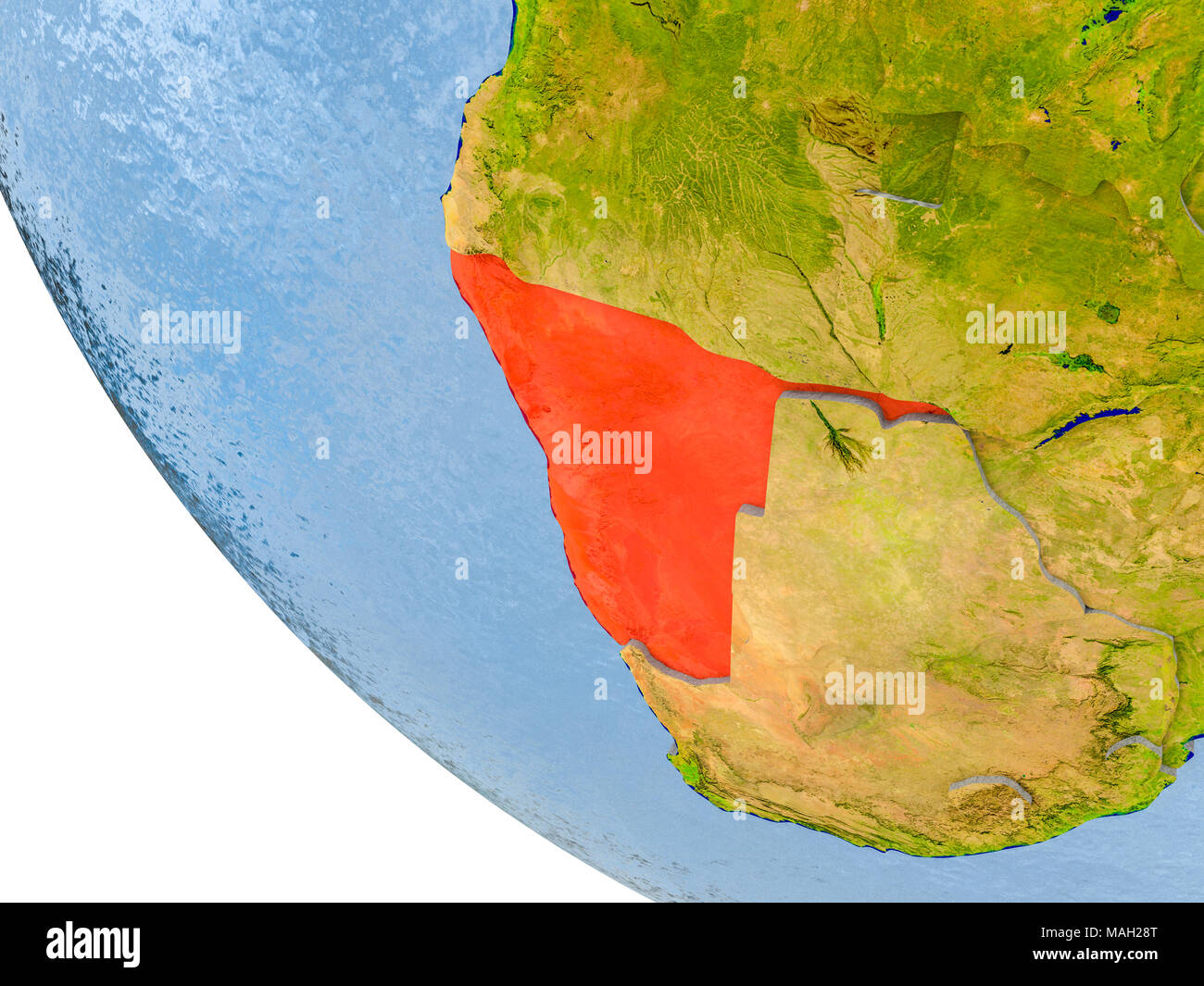 Map of Namibia in red on globe with real planet surface, embossed ...
