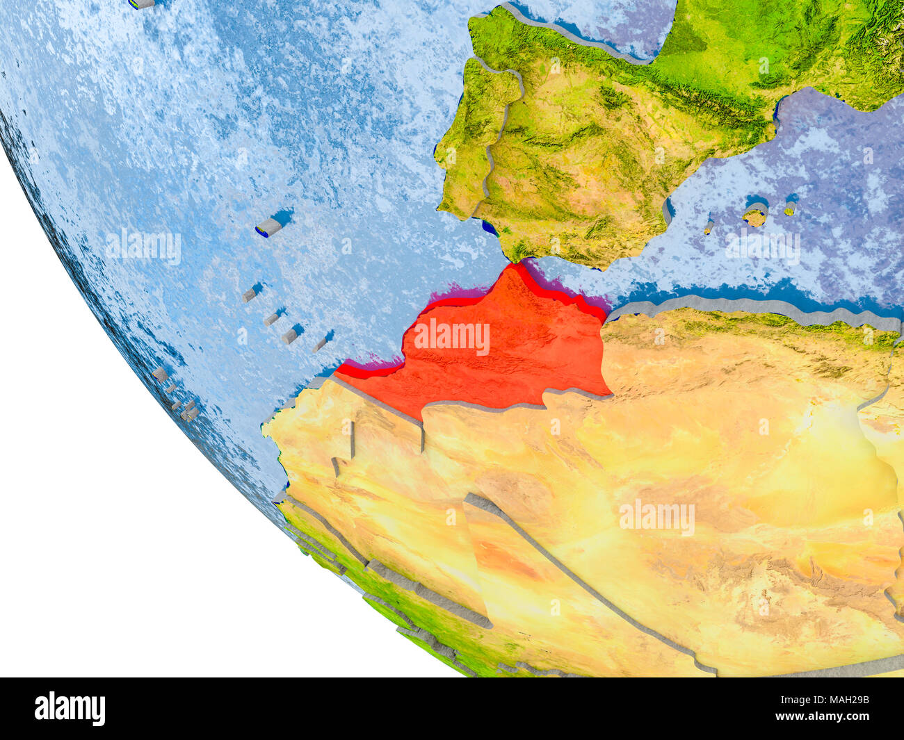 Map of Morocco in red on globe with real planet surface, embossed ...