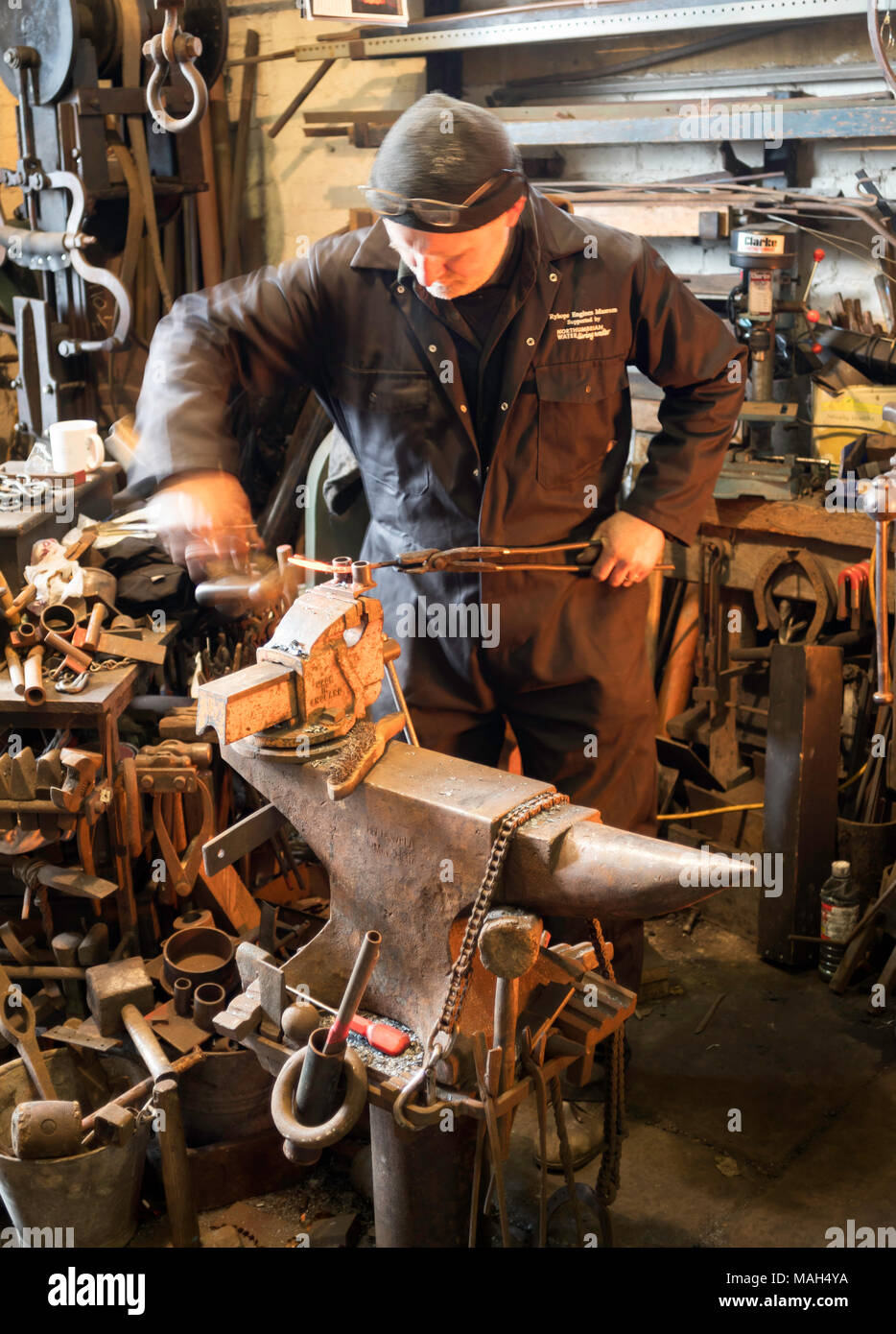 Blacksmith working on anvil at the Ryhope Engines museum, Sunderland ...