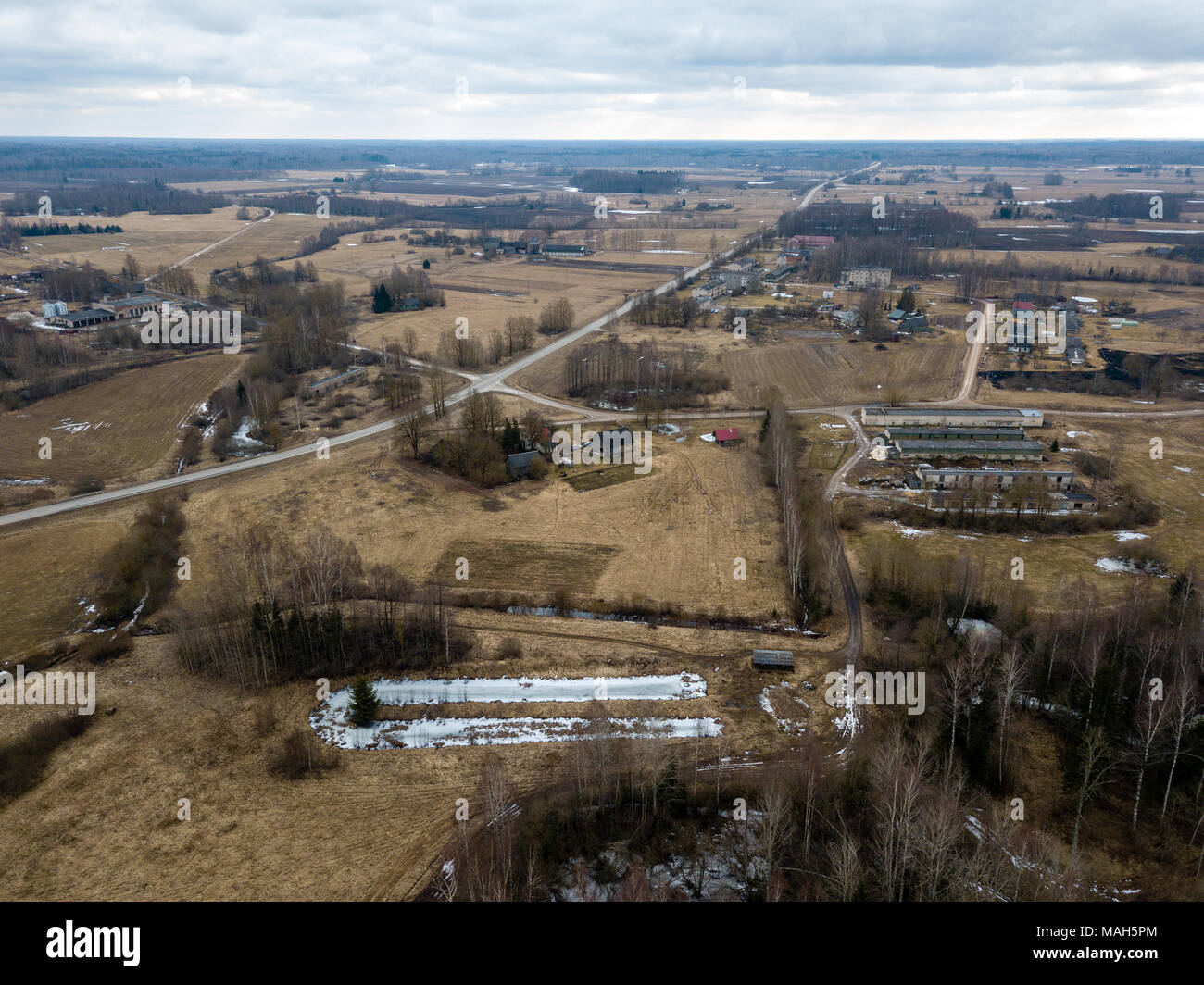 drone image. aerial view of rural area with houses and road network ...